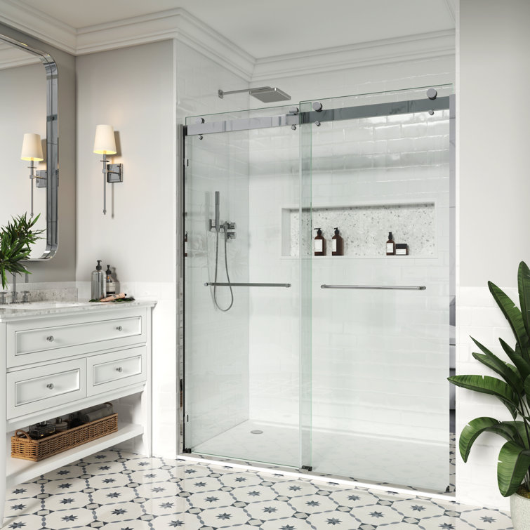 MCOCOD 60'' W x 76'' H Double Sliding Semi-Frameless Shower Door with Smooth Sliding and 3/8 in ...